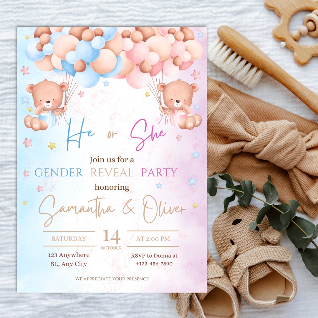 EDITABLE Teddy Bears Gender Reveal Invitation, Baby Boy or Girl Party ...