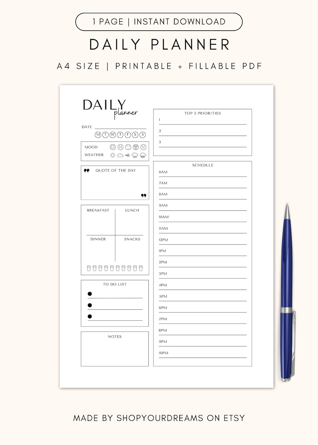 PRINTABLE Productivity-boosting Daily Planner PDF: Template With To-do ...