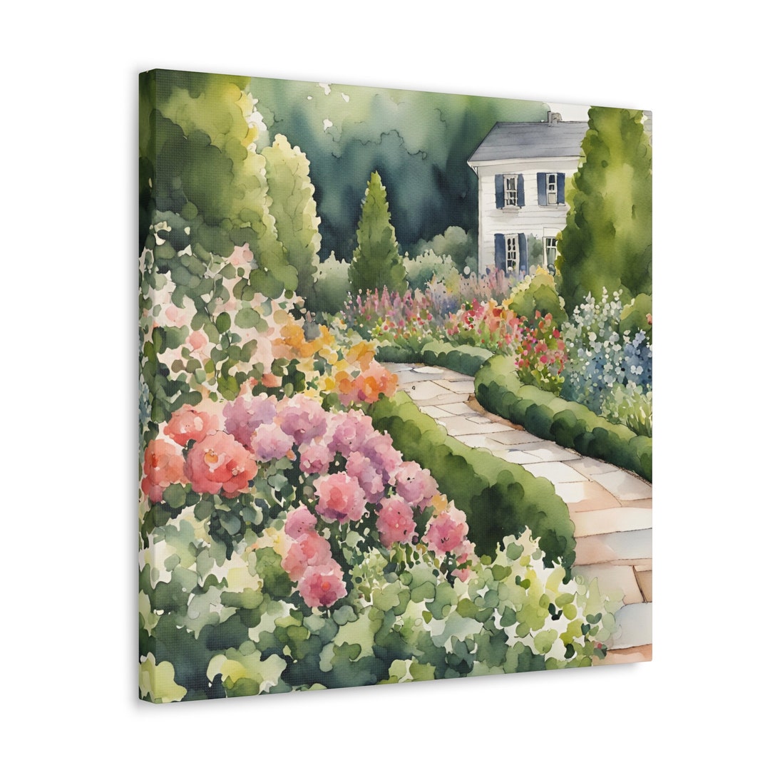 Flower Garden With Boxwood Border Watercolor Print on Canvas, Boxwood ...