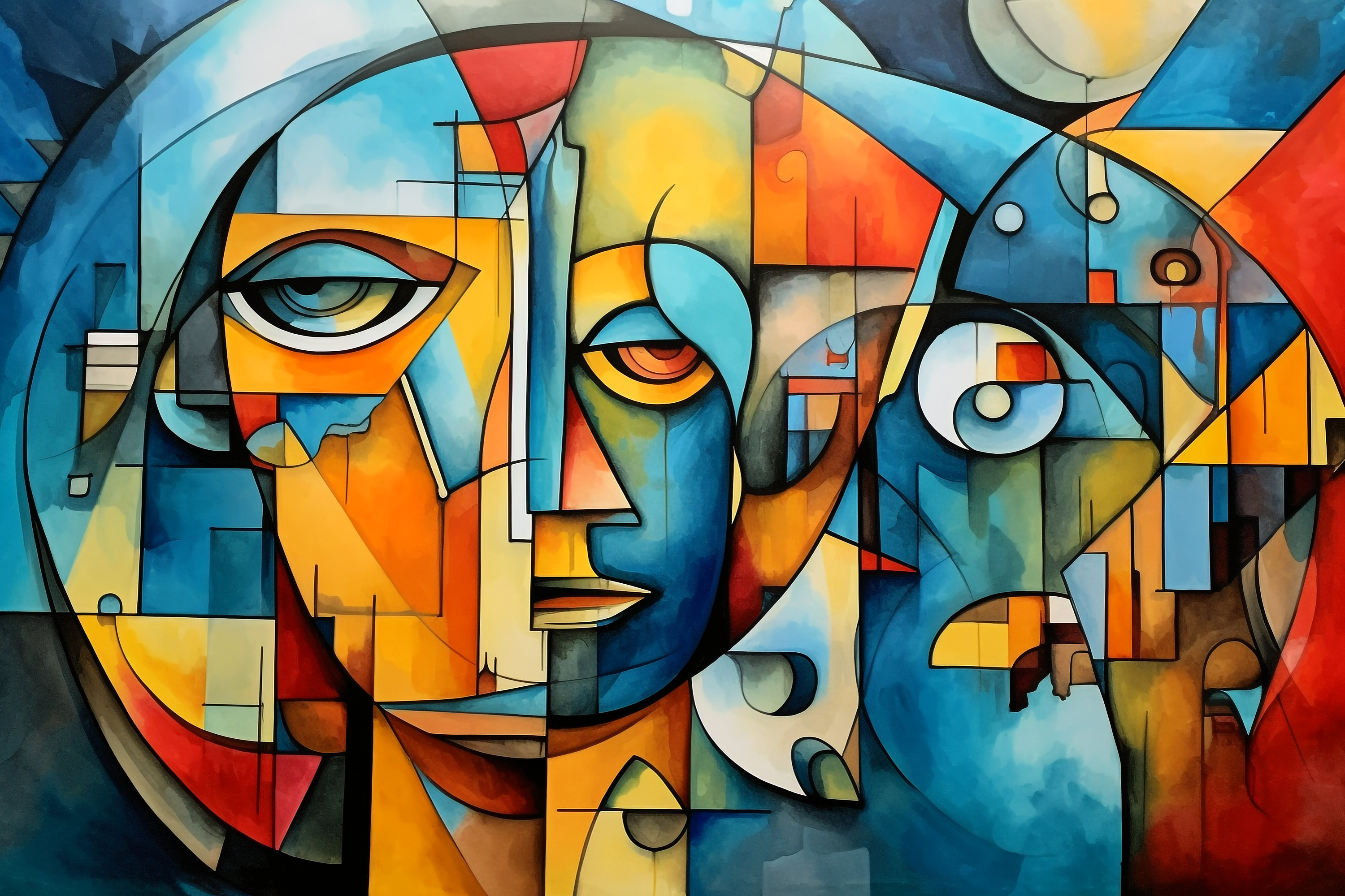 Abstract Cubism Canvas Hanging Wall Art, Watercolor Painting Style ...