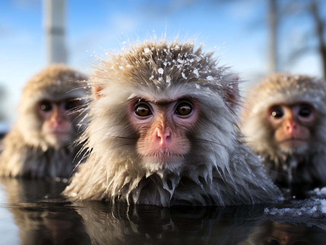Snow Monkeys or Macaques Taking Dip in Hot Spring, High Quality Digital ...