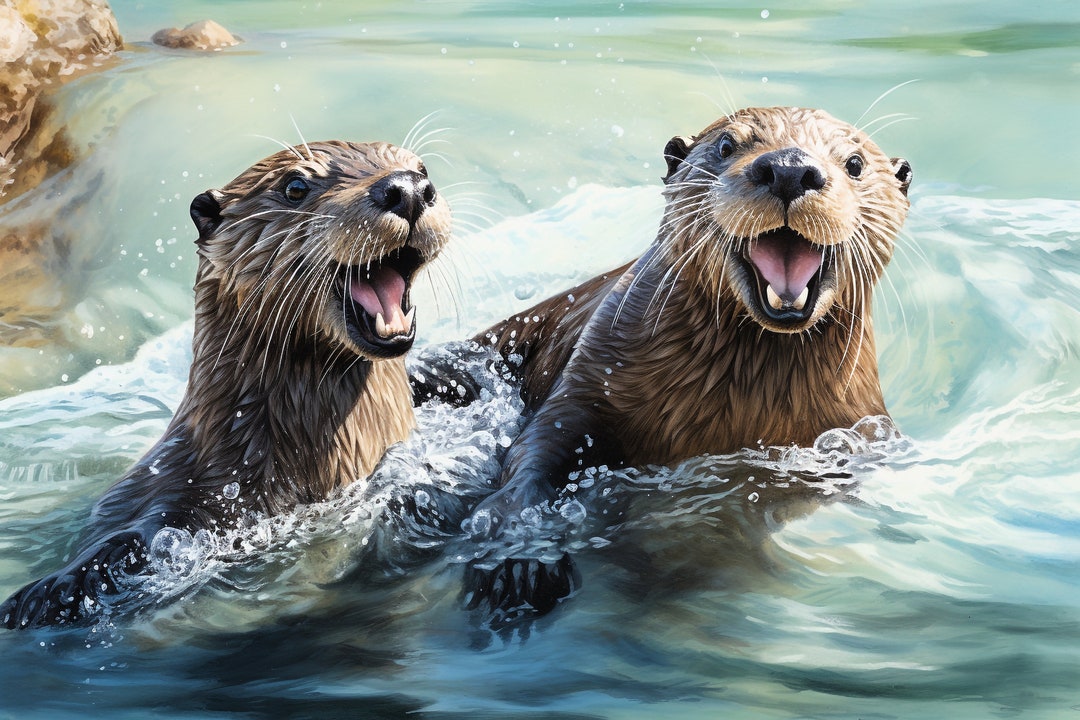 Playful Otters, Watercolor Painting Style Digital Art, Fun and ...