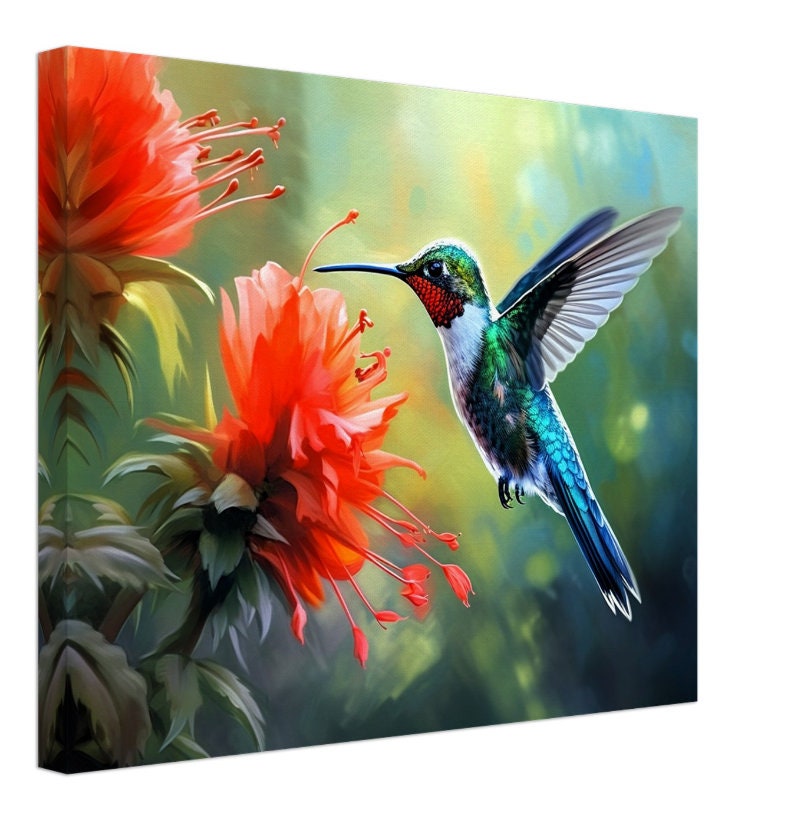 Hungry, Vibrant Hummingbird Canvas Wall Art, Photo Realistic Watercolor ...