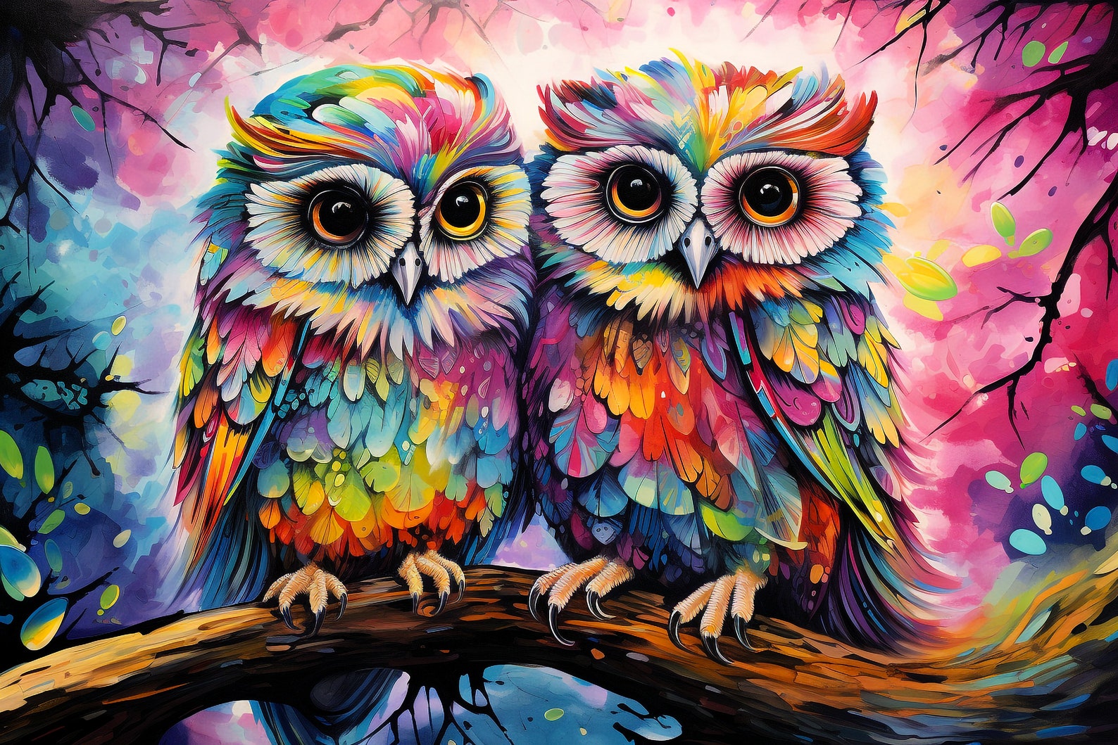 Cute Colorful Owls on a Perch Canvas Wall Art, Watercolor Painting ...