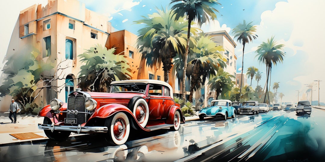 Retro Miami, Ocean Blvd, Art Deco High Quality Canvas Art, Watercolor ...