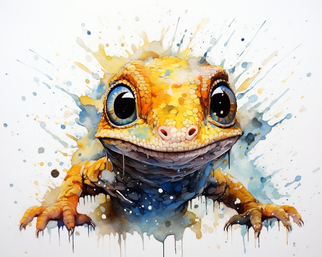 Cute Gecko Canvas Wall Art, Watercolor Painting Style Digital Hanging ...