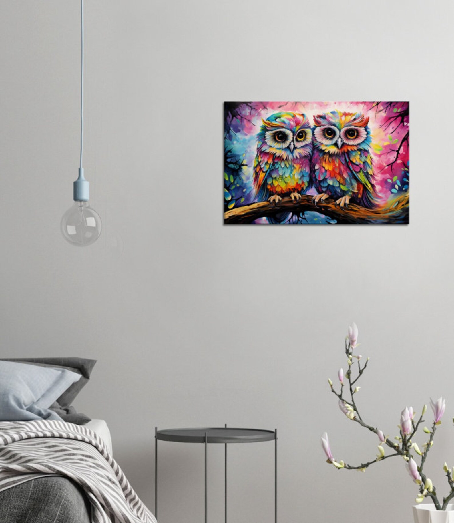 Cute Colorful Owls on a Perch Canvas Wall Art, Watercolor Painting ...