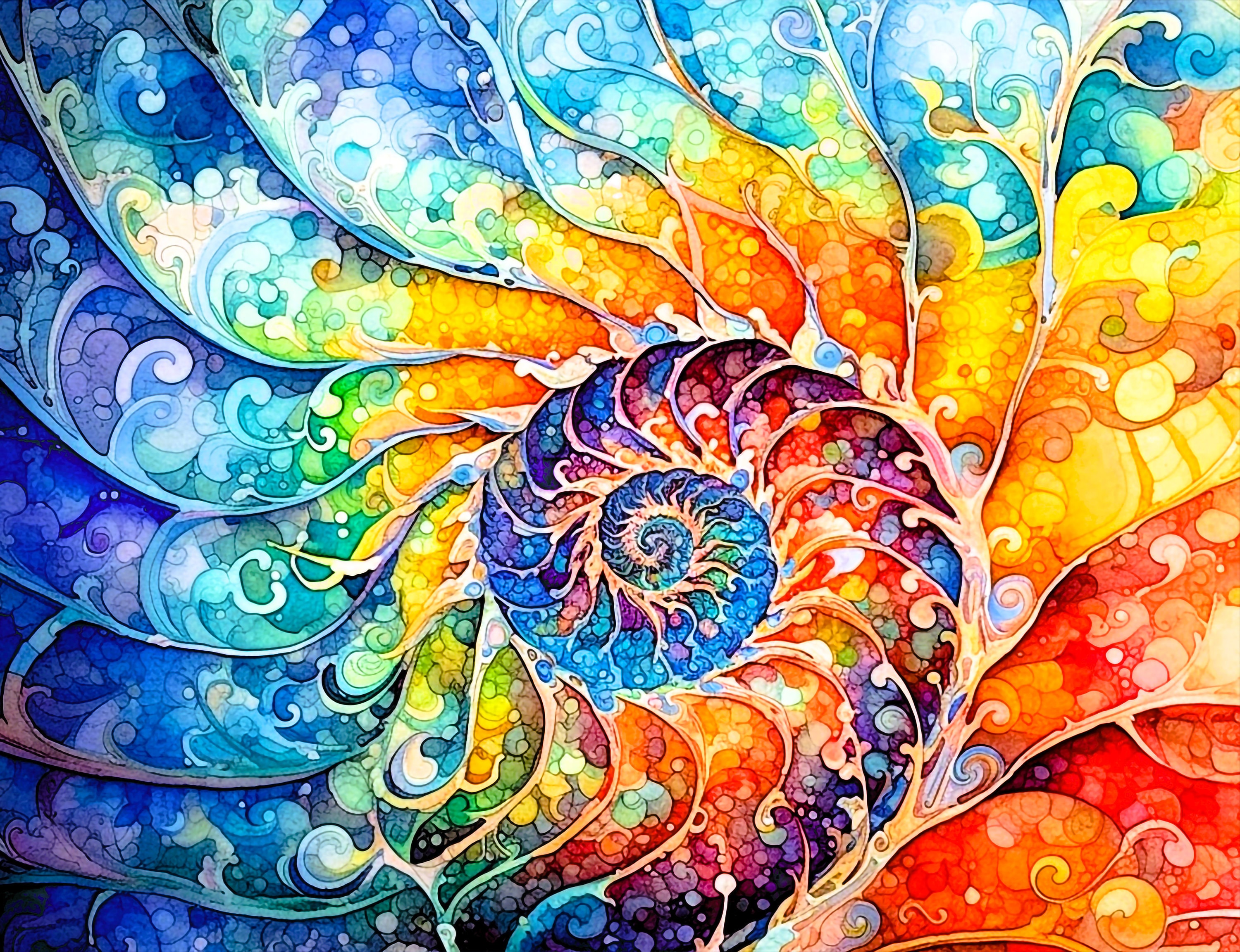 Fibonacci Spiral, Sea Shell, Contemporary Digital Wall Art, Watercolor ...