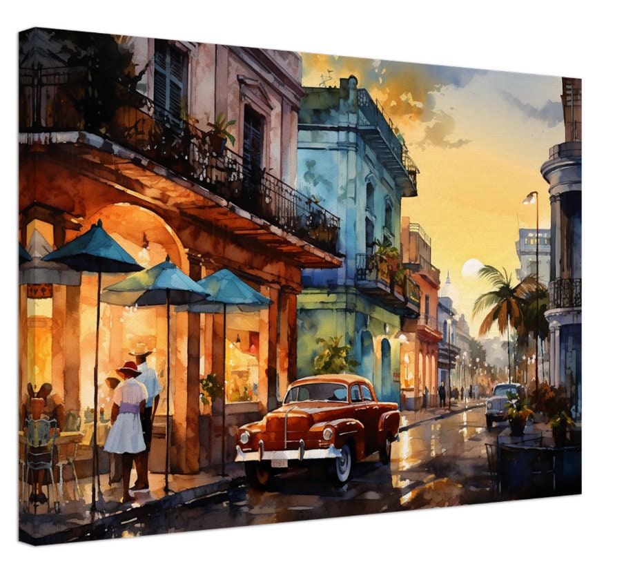 Cuban Cafe at Dusk, Watercolor Style Digital Wall Art, Canvas Hanging ...