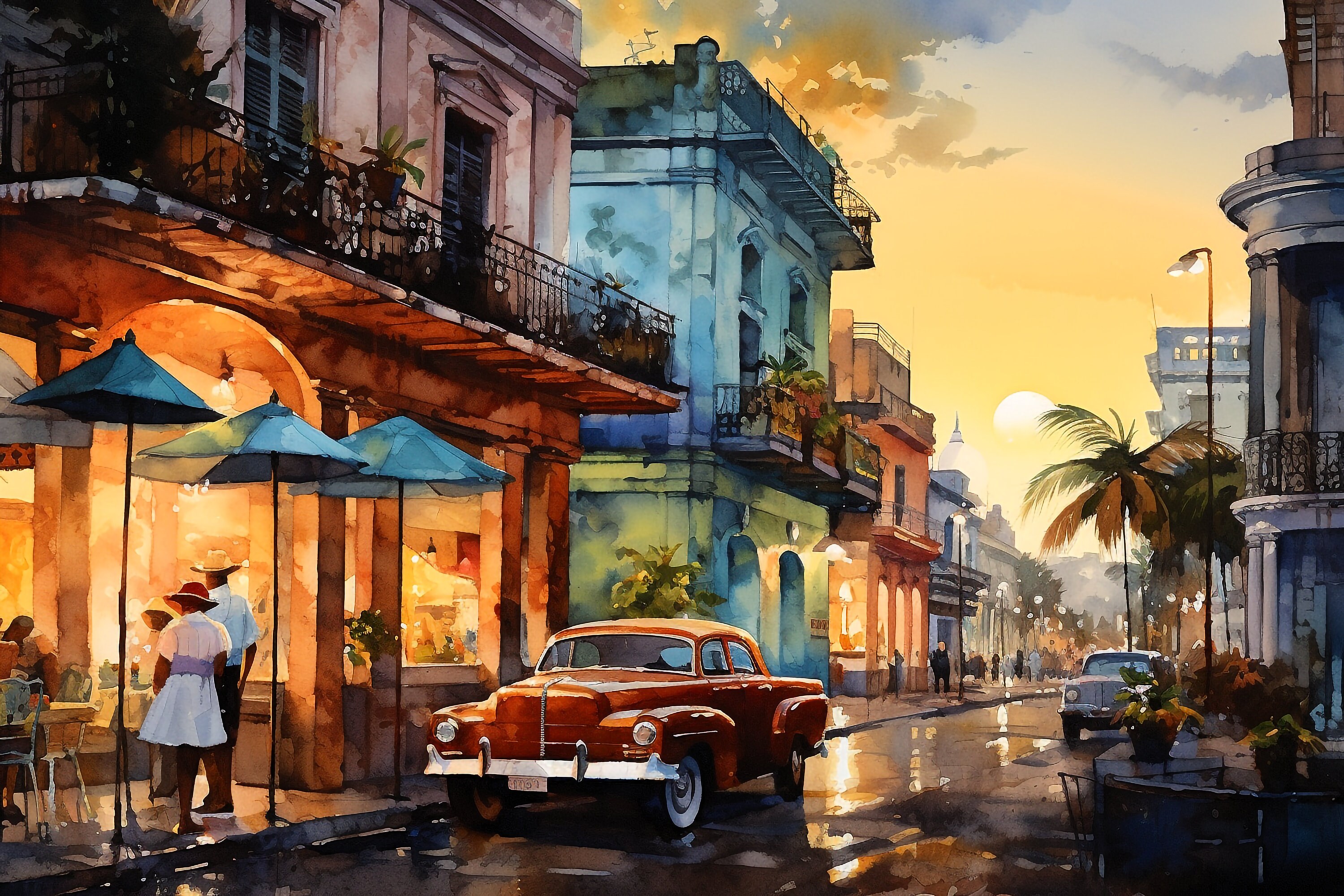 Cuban Cafe at Dusk, Watercolor Style Digital Wall Art, Canvas Hanging ...