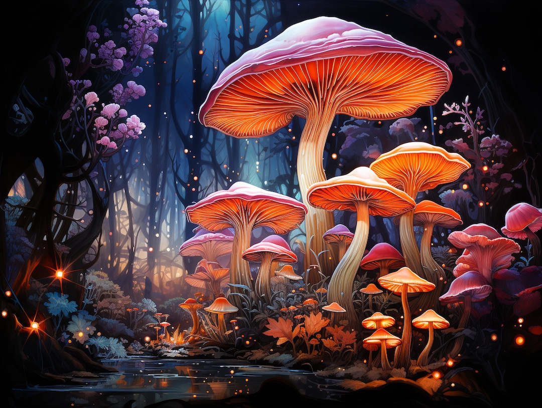 Mushroom Mania, Surrealist Digital Canvas Wall Art, Psychedelic, High ...