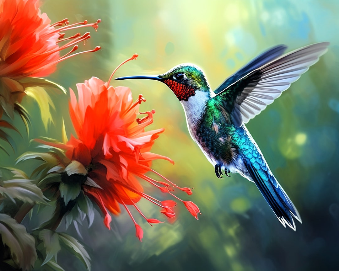 Hungry, Vibrant Hummingbird Canvas Wall Art, Photo Realistic Watercolor ...