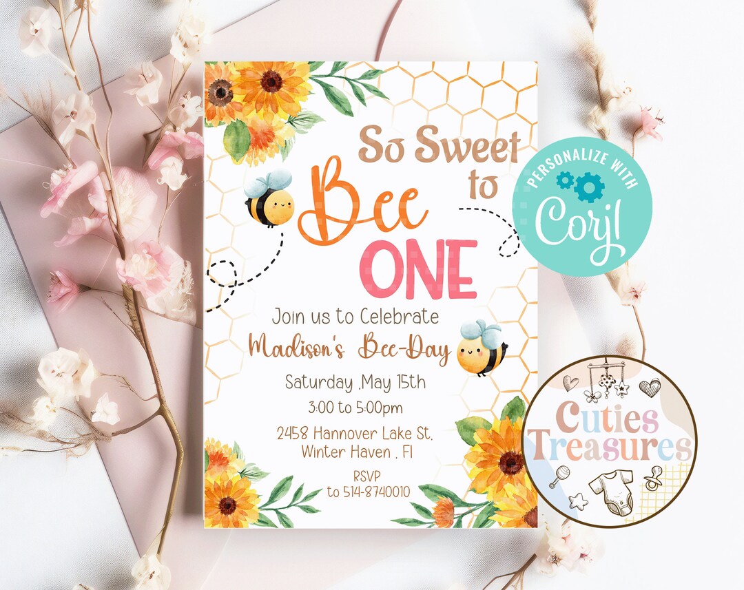 Editable Cute Bee Invitation , One Bee Theme Birthday Party Invitation ...