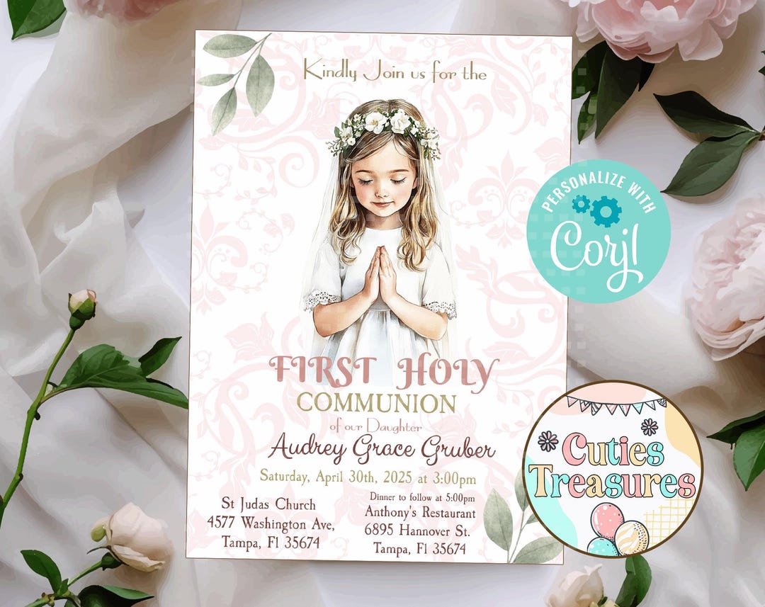 First Communion Girl Invitation, Pink First Holy Communion Invitation ...