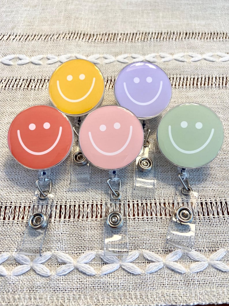 Bright Smiley Face Badge Reel: Colorful Happy Face Nurse/teacher ID ...