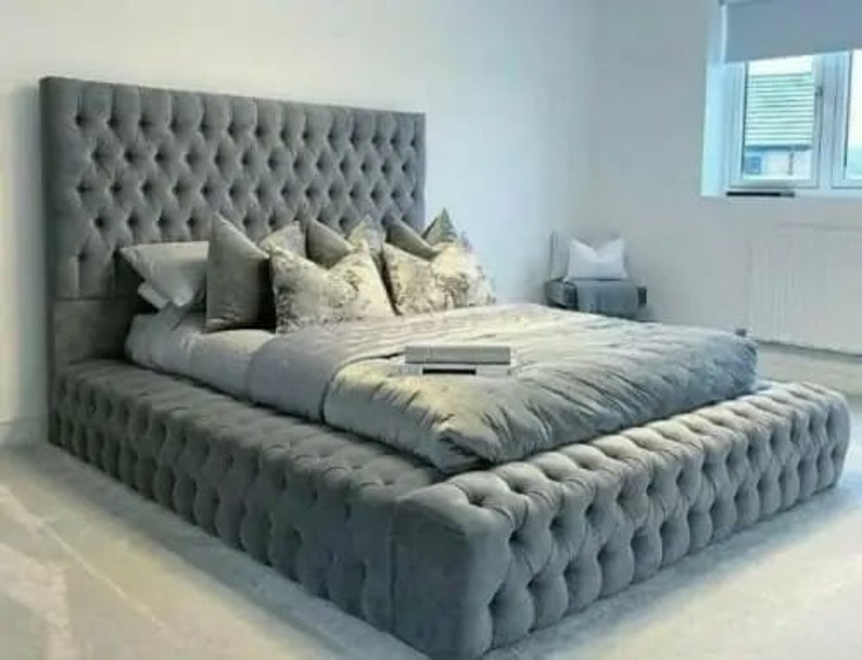 Velvet King Bed Frame, Chesterfield Wingback Studded Bed Frame Luxury ...