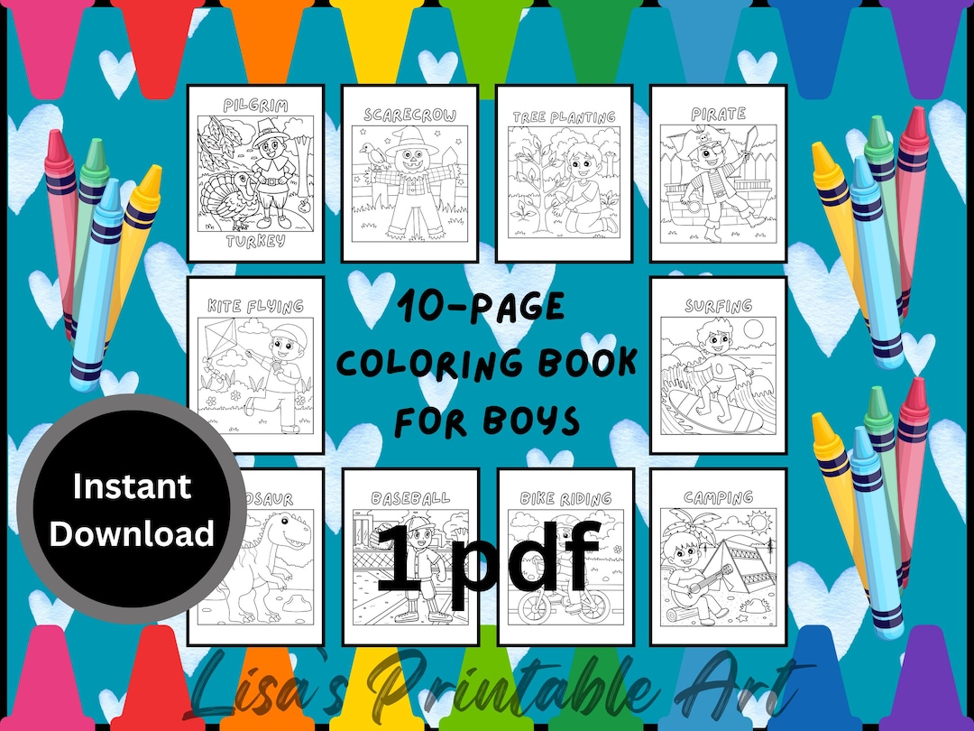 10-page Boys Coloring Book, Printable Coloring Book, Baseball Coloring ...