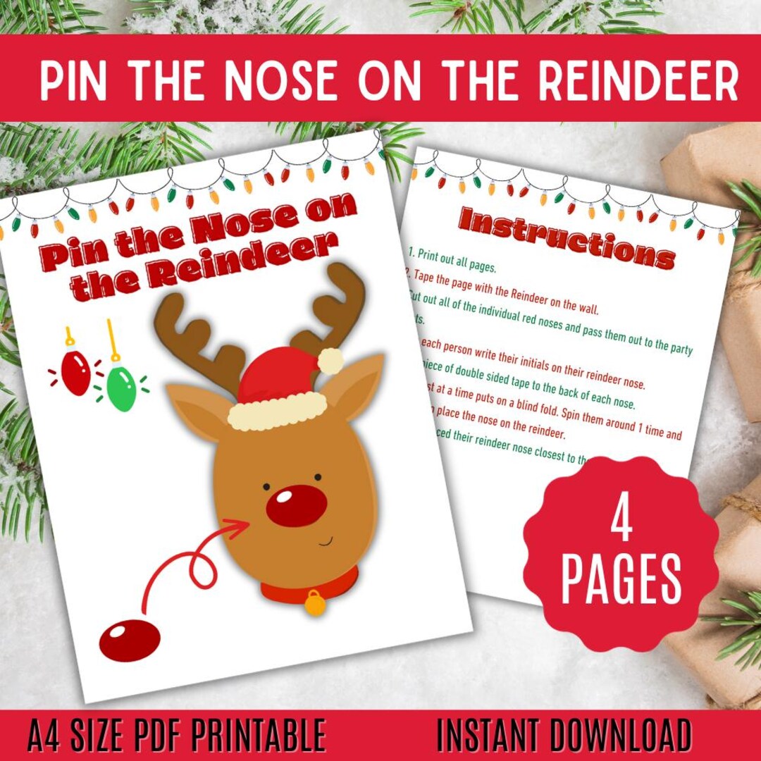 Printable Pin the Nose on the Reindeer Game Christmas Party Activity ...