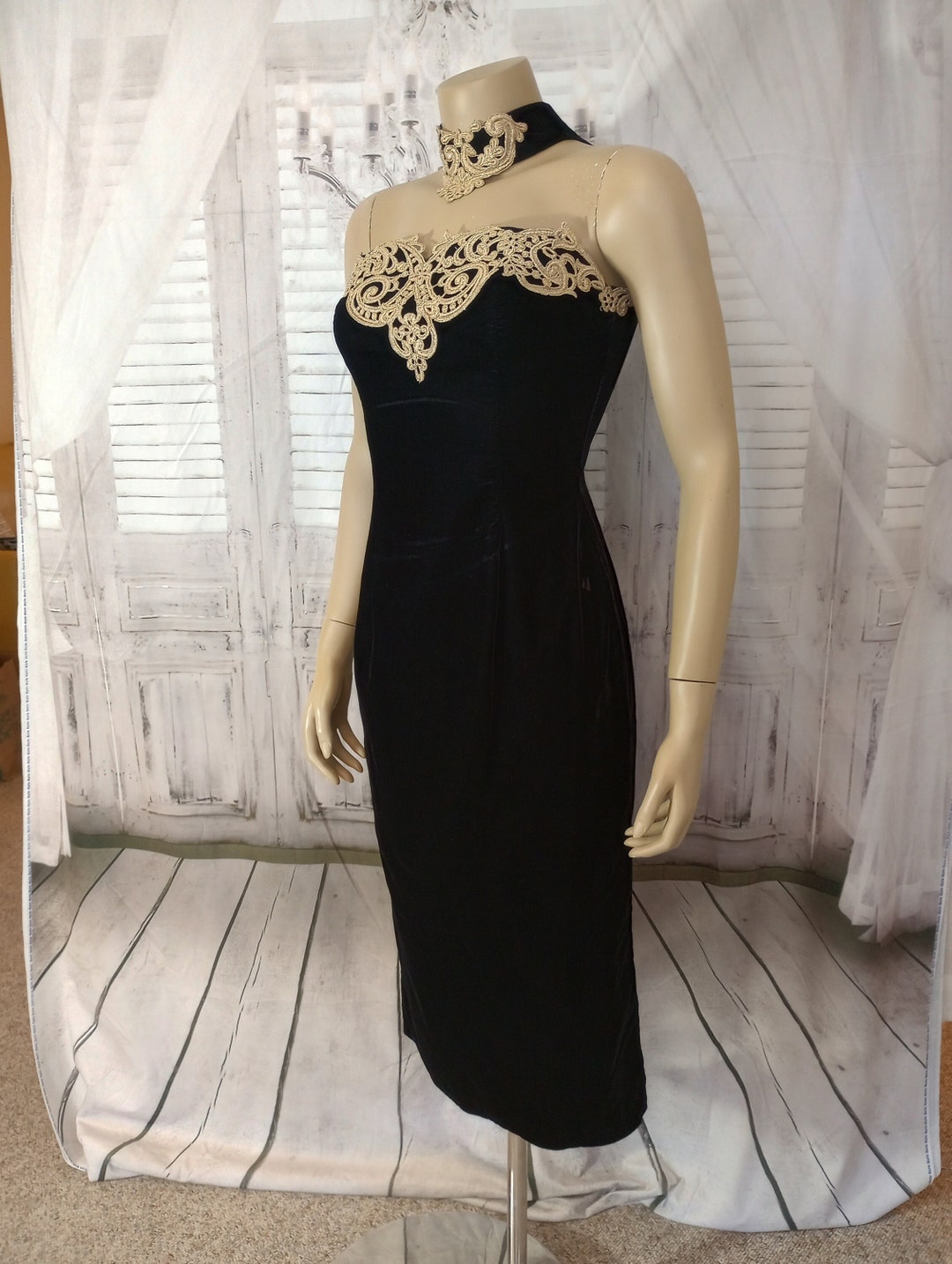 Vintage S Scott Mcclintock Black Velvet and Gold-lace Reverse Halter ...