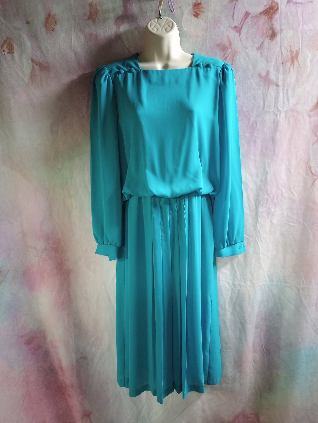 Vintage Breli Originals Aqua Long-sleeve Pleated Sheer Dress - Etsy
