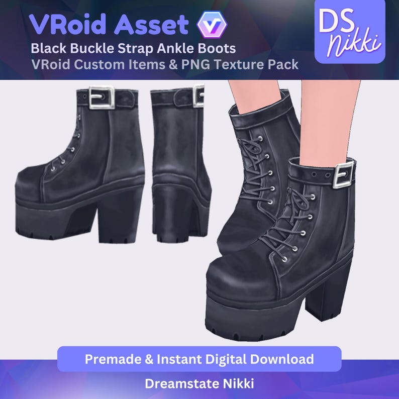 Vroid Studio Outfit – Stylish Black Buckle Strap Ankle Boots, Vroid ...