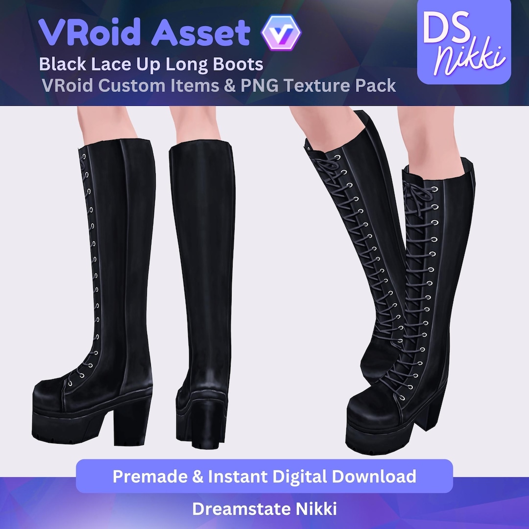 Vroid Studio Outfit – Stylish Black Lace up Long Boots, Vroid Custom ...