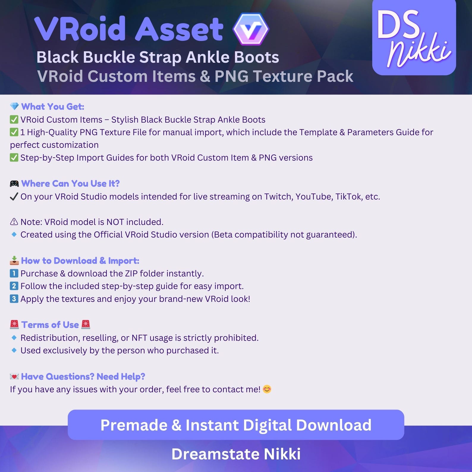 Vroid Studio Outfit – Black Buckle Strap Ankle Boots, Vtuber Clothes ...
