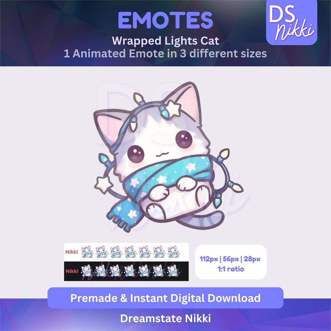 Animated Xmas Kitten Twitch Emote: Kawaii Wrapped Lights Cat (digital ...