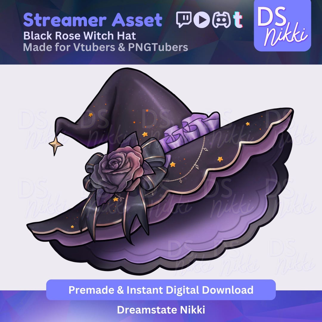 Kawaii Witch Hat Vtuber Asset – Black Rose Halloween PNG Prop for ...