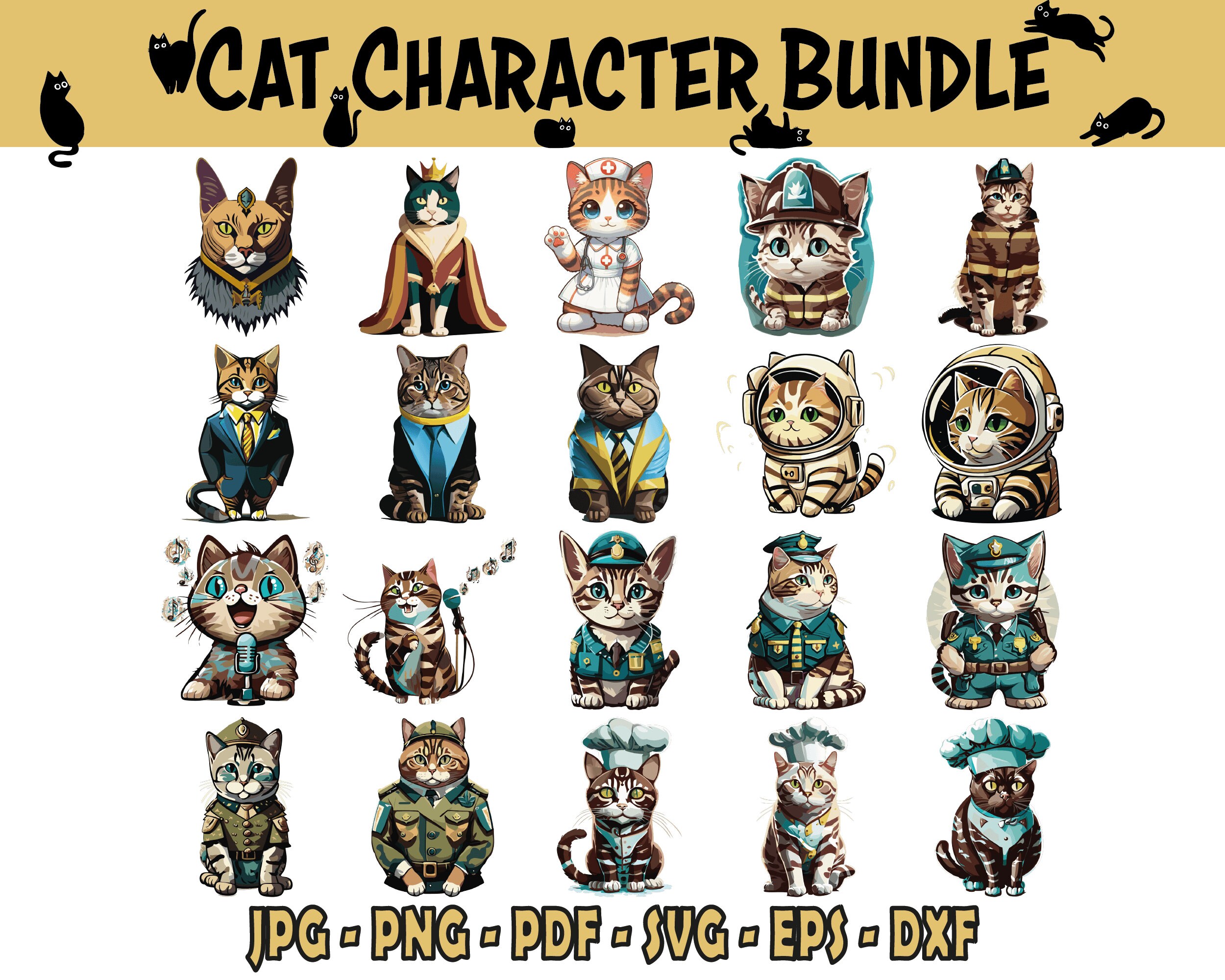 Cat SVG, Jpg, Pdf, Png, Dxf and Eps Files Cat Character Bundle Career ...