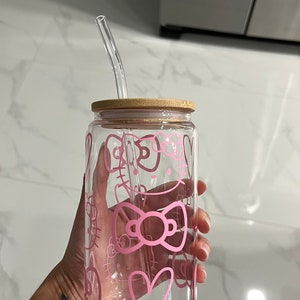 Pink Hello Kitty Glass Cup W/ Bamboo Lid and Glass Straw - Etsy