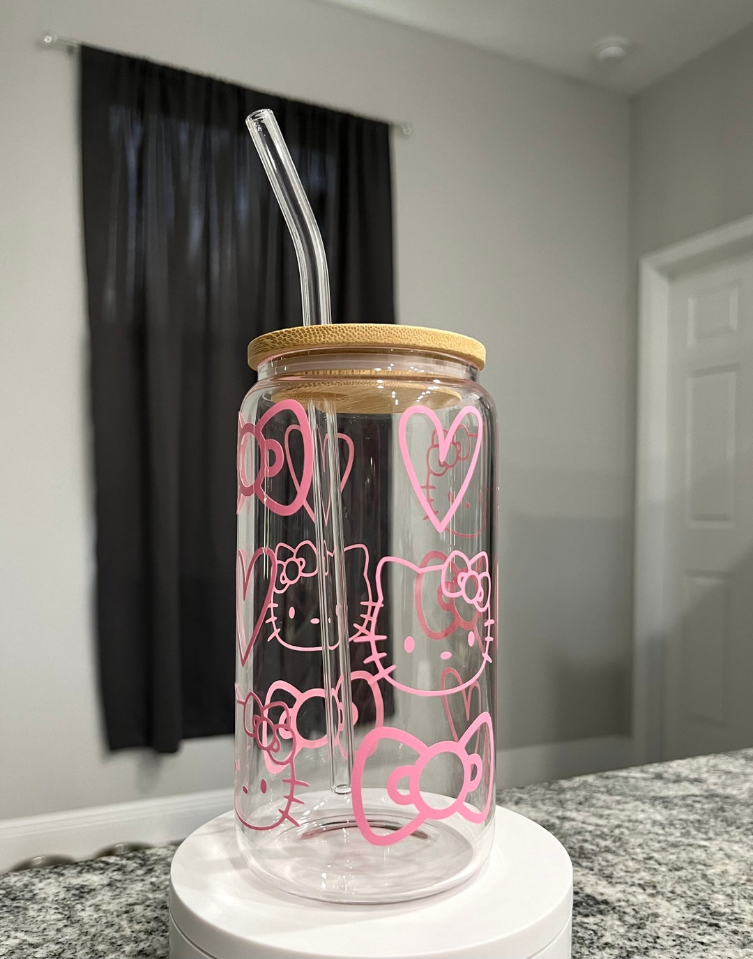 Pink Hello Kitty Glass Cup W/ Bamboo Lid and Glass Straw - Etsy