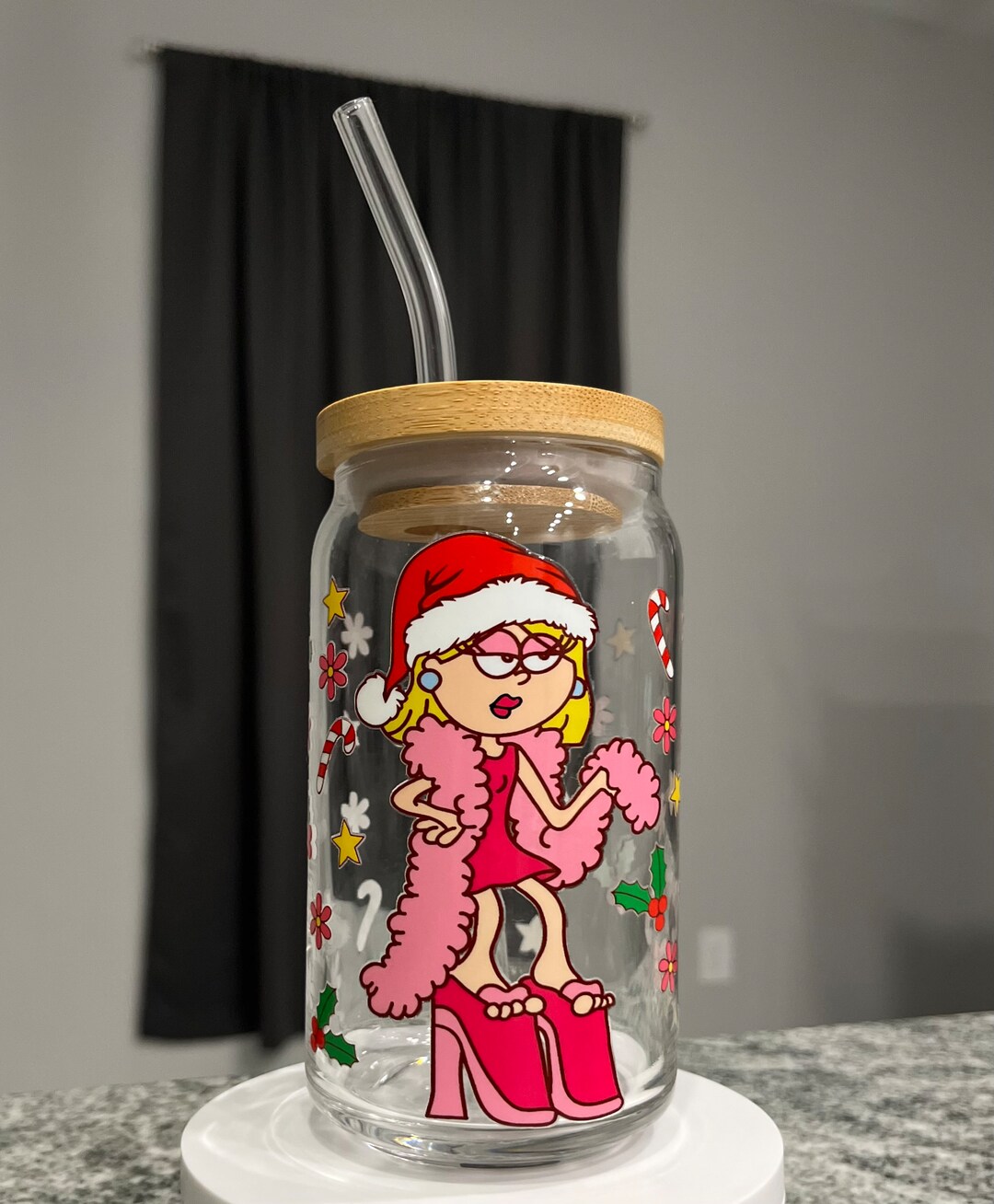 Lizzie Mcguire Christmas Glass Cup W/ Bamboo Lid and Glass Straw - Etsy