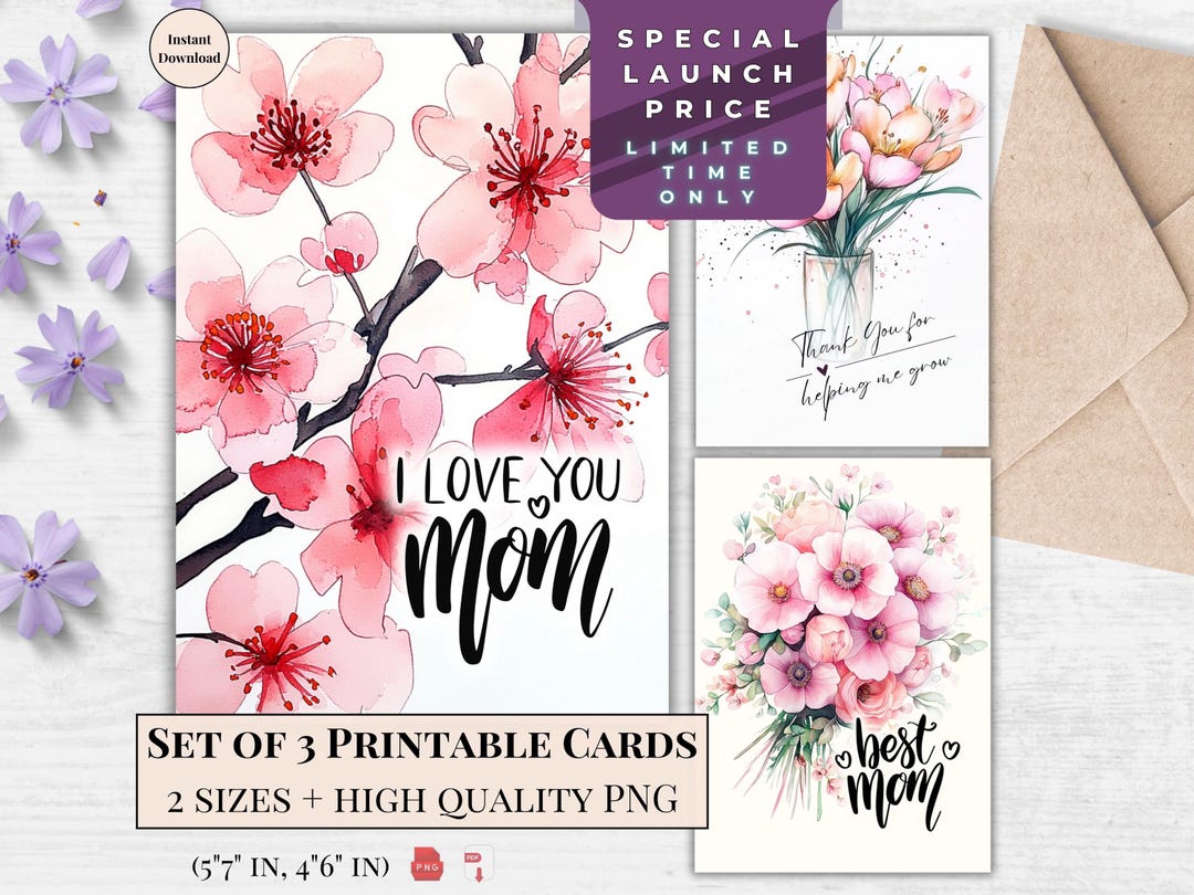 Best Mom Printable Card Set - Watercolor Cherry Blossom Mother’s Day ...