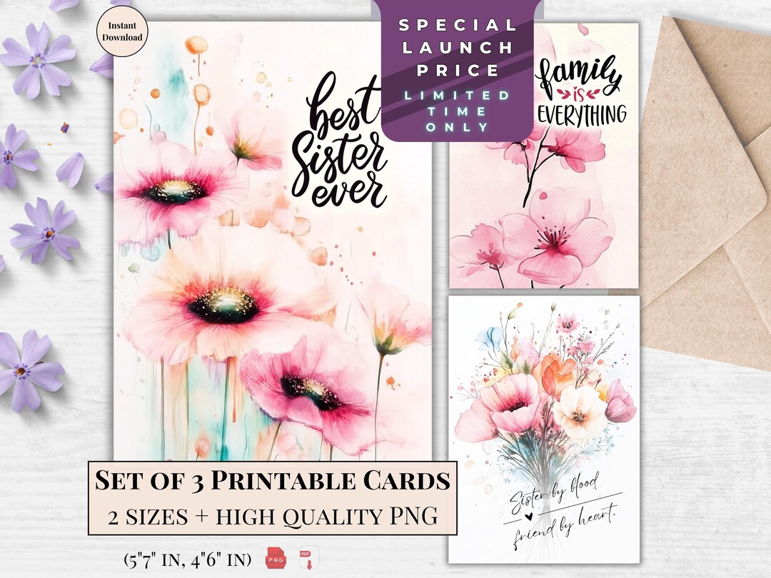 Best Sister Ever Printable Card Set - Watercolor Wildflower Greeting ...
