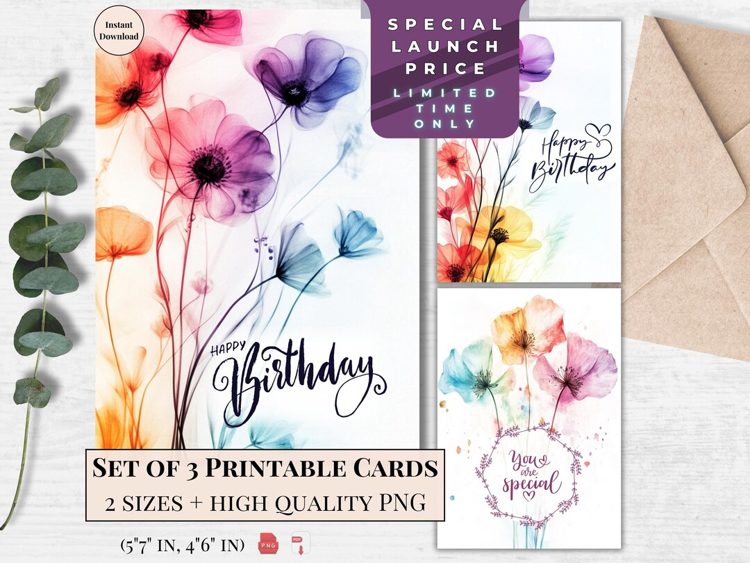 Watercolor Flowers Birthday Card Set: Printable Ecards (digital ...
