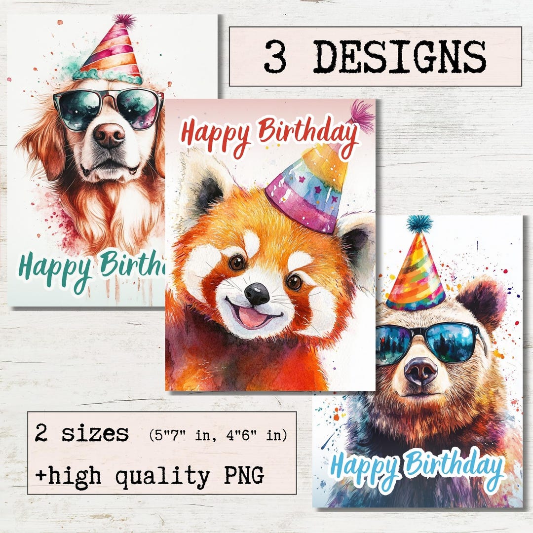 Watercolor Animal Birthday Card Set: Modern Printable Ecards (digital ...