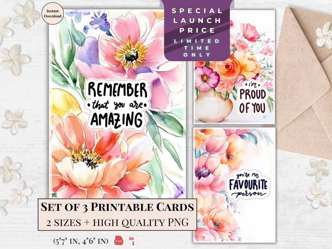 Floral Encouragement Card Set: Motivational Watercolor Greetings ...
