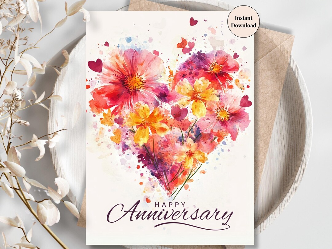 Floral Heart Anniversary Card: Printable Milestone Gift (PDF & PNG) - Etsy