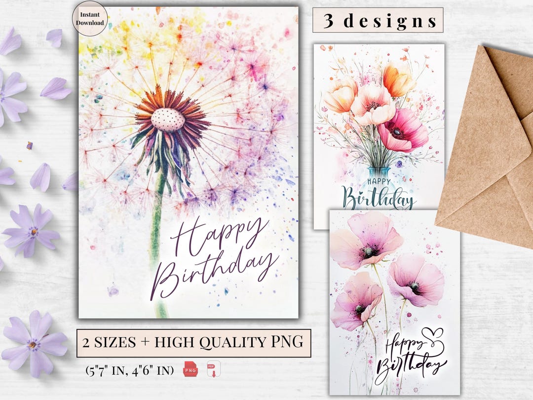 Watercolor Flower Birthday Card: Printable Floral Design (digital ...