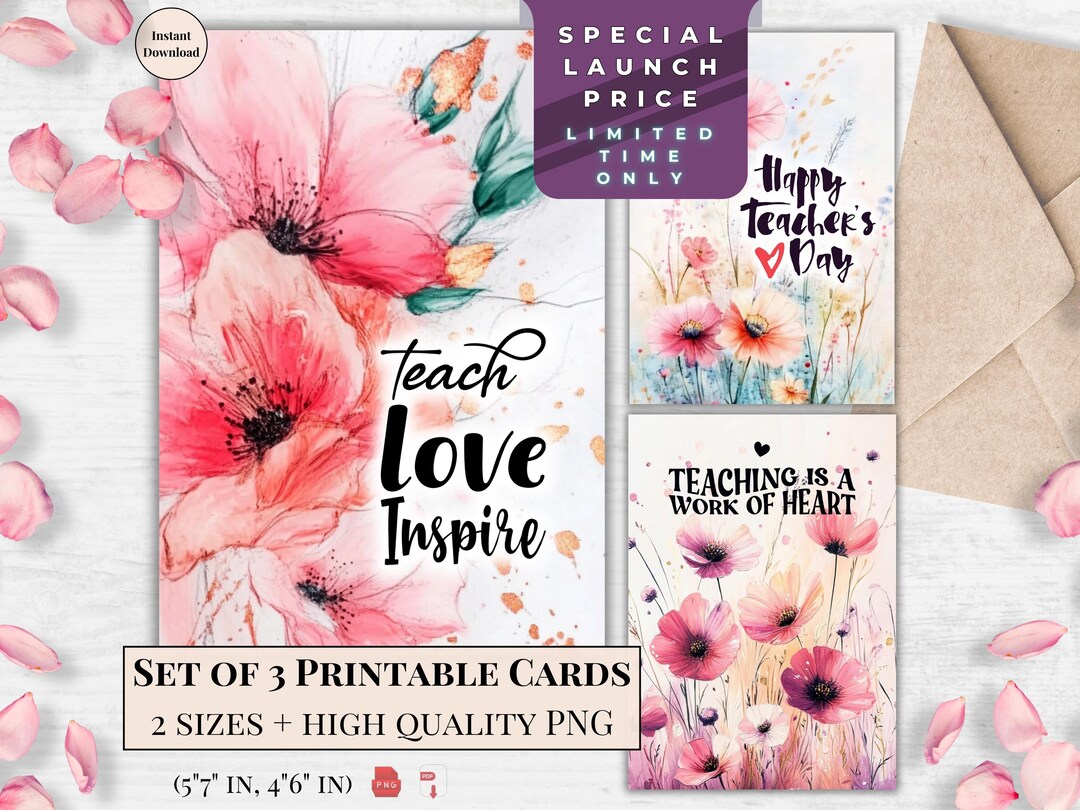 Watercolor Floral Teacher Thank You Cards: Printable Ecard Set (PDF) - Etsy