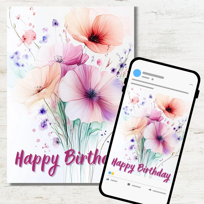 Watercolor Floral Birthday Card: Printable E-card (digital Download) - Etsy
