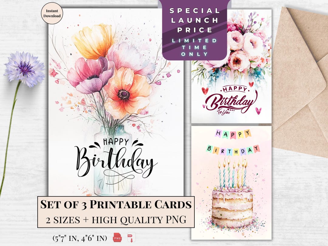 Watercolor Floral Birthday Card: Printable Pastel Designs (digital ...