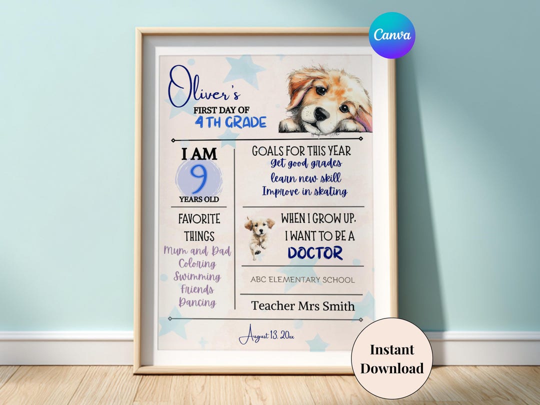 First Day of School Sign – Puppy Design, Grades K-4 (canva Template ...