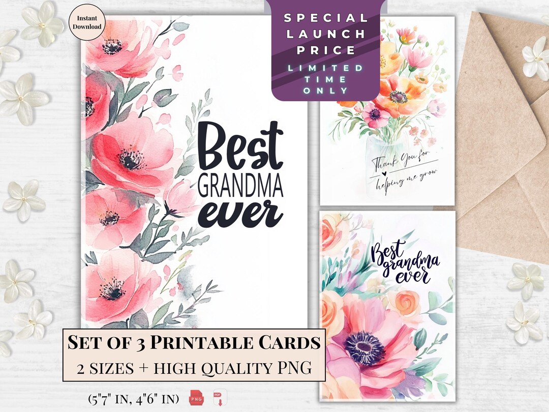 Floral Grandma Card Set: Watercolor Printable Cards (digital Download ...