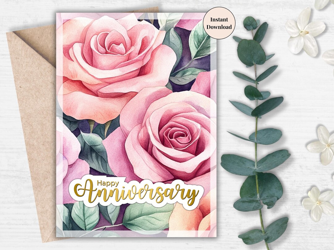 Pink Rose Anniversary Card Printable – Elegant Watercolor Flower Card ...