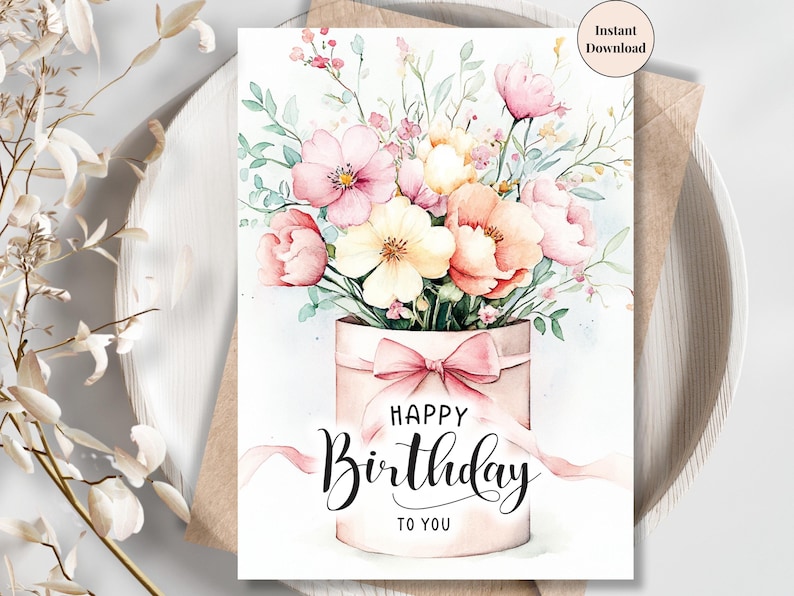Watercolor Flowers Birthday Card: Printable Floral Bouquet (digital ...