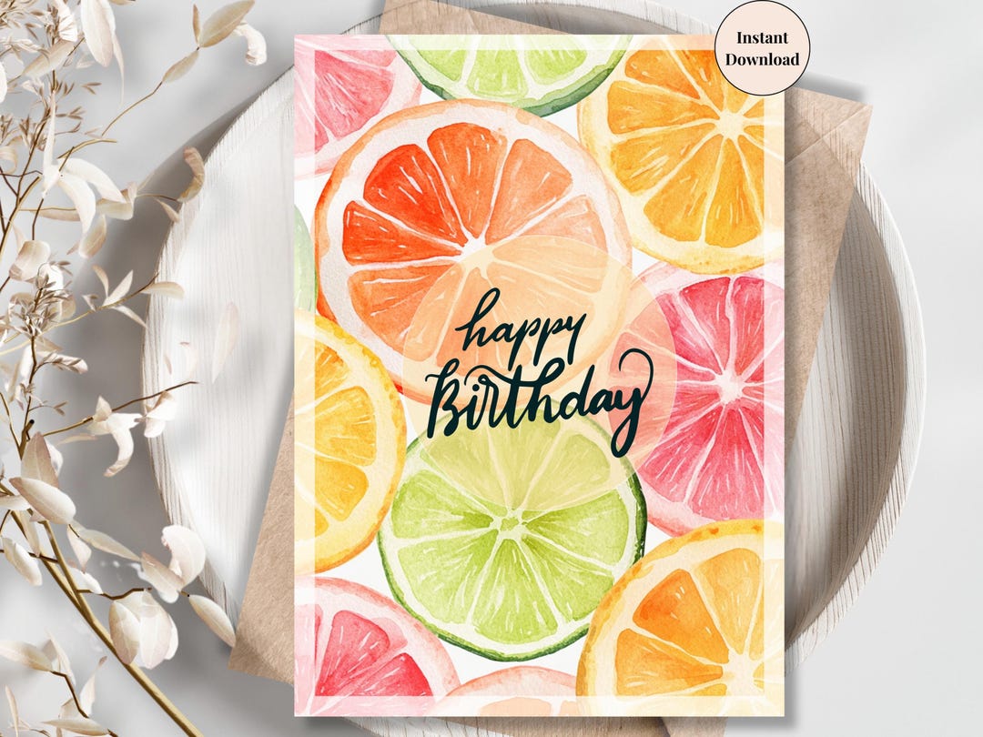 Citrus Slice Birthday Card: Watercolor Lemon, Orange, Lime (PDF & PNG ...