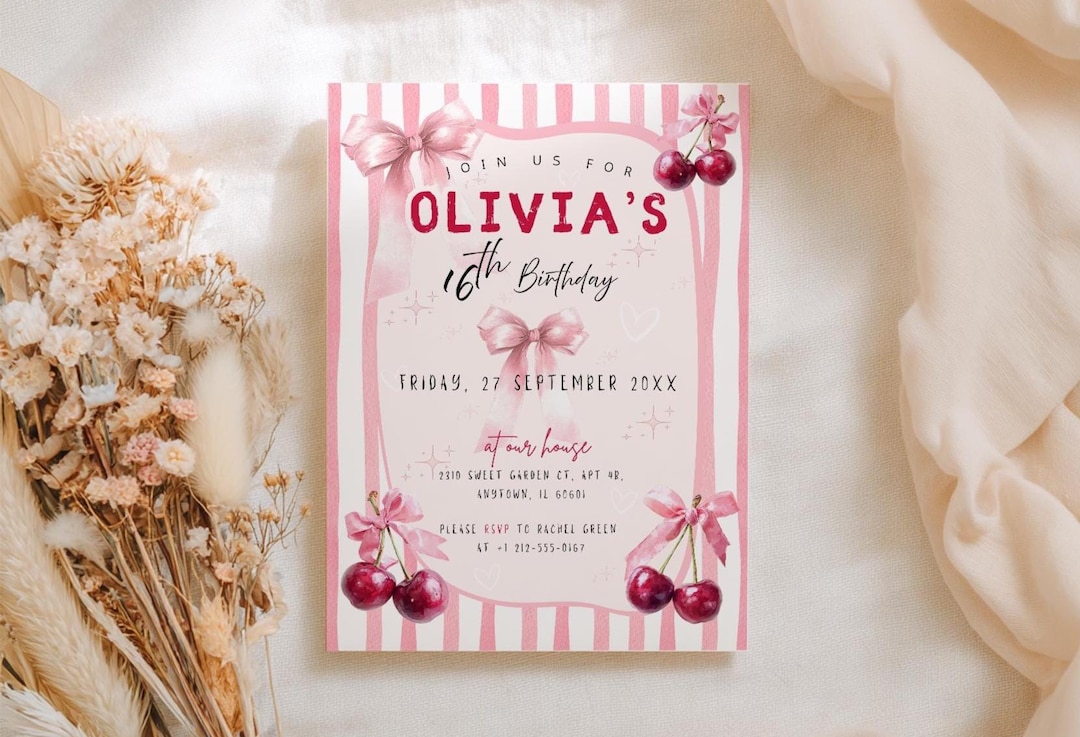 Teen Girl Birthday Invitation Set : Coquette Cherry Bow Canva Template ...