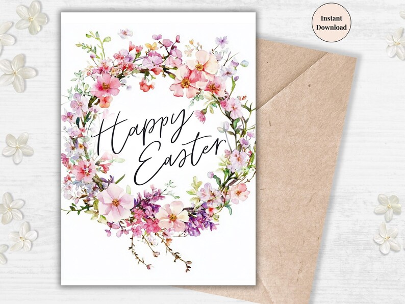 Floral Easter Wreath Card Printable - Vintage Spring Holiday Greeting ...
